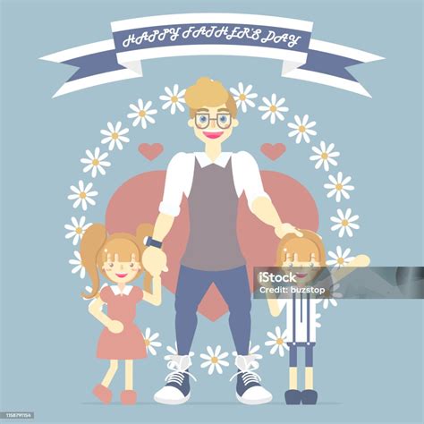 아빠와 소년과 소녀 꽃 하트 리본 배너 블루 컬러 배경 인사말 카드와 함께 행복한 아버지의 날 가족에 대한 스톡 벡터 아트 및
