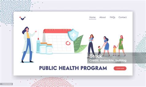 공중 보건 프로그램 방문 페이지 템플릿 예방 접종 일정 거대한 달력에서 예방 접종을 기다리는 캐릭터 약에 대한 스톡 벡터 아트