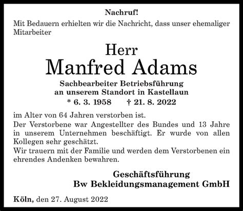 Traueranzeigen Von Manfred Adams Rz Trauerde