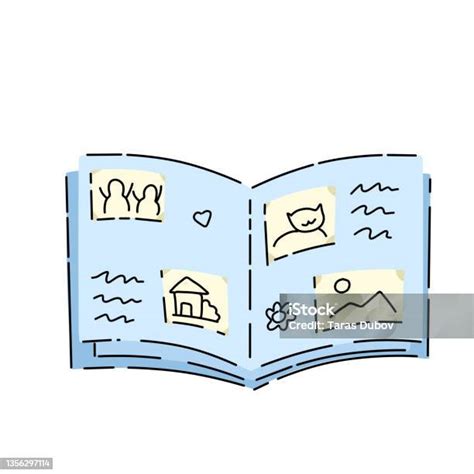 사진 앨범 사진과 추억이 담긴 책에 붙여넣은 이미지 흰색 배경에 격리 된 만화 일러스트 레이션 고풍스런에 대한 스톡 벡터 아트