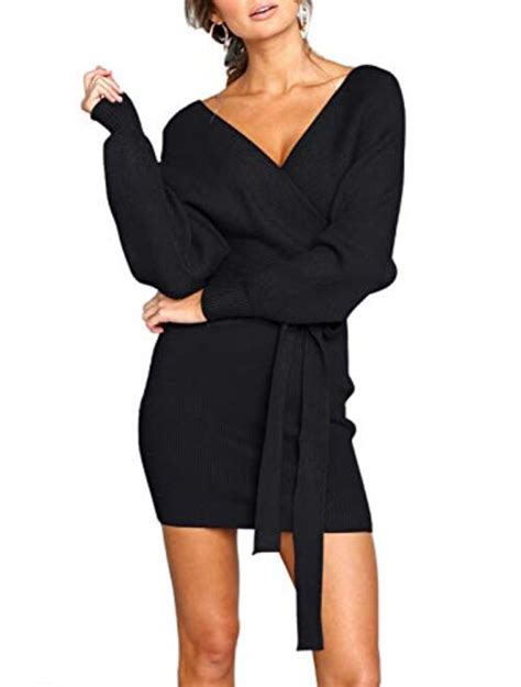 Buy Zonsaoja Women S Sweater Dress Sexy V Neck Long Sleeve Backless