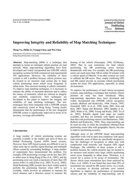 Pdf Improving Integrity And Reliability Of Map Matching Techniques
