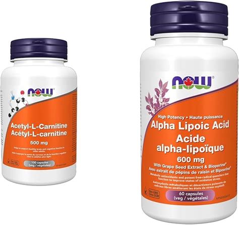 NOW - Acetyl L-Carnitine 500mg 100 vcaps & Alpha Lipoic Acid, 600mg, 60 ...