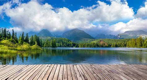 나무 경로 아름 다운 분명 알파인 호수 산 하늘 진정 물 높은 Tatras 슬로바키아에에서 구름의 반사와 알파인 호수