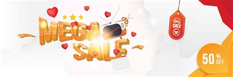 50 스페셜 오퍼의 메가 세일 뜨거운 할인과 볼륨감있는 텍스트 복고풍 Tv와 빨간색 배경 구름과 빛 효과에 빨간 마음 수평 긴