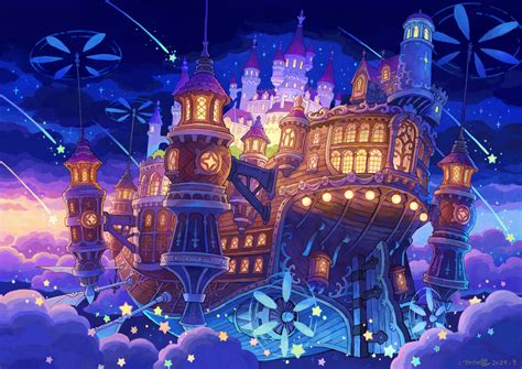 Kemi Neko Original Aircraft Airship Building Castle Cloud Cloudy