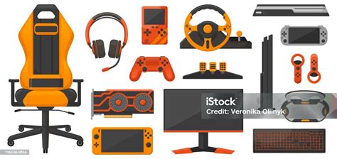 비디오 게임 장비 조이스틱 게이밍 체어 콘솔 및 헤드폰 게임 액세서리 조이스틱 및 컴퓨터 모니터 벡터 일러스트 세트를 재생합니다 게임 장비 의자에 대한 스톡 벡터 아트 및