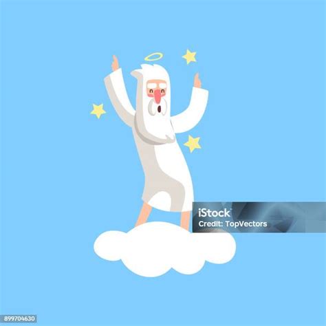 행복 한 수염된 하나님 캐릭터 별 둘러싸인 흰 구름에 춤 종교 인사말 카드 포스터 또는 인쇄에 대 한 그림 블루에 고립 된 평면