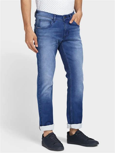 Men Blue Tapered Fit Solid Cotton Blend Jeans Myraymond