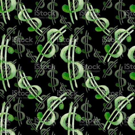 검은색 배경에 격리된 녹색 잉크 달러 기호 귀여운 흑백 매끄러운 패턴 수채화 그래픽 그림입니다 텍스처 거친에 대한 스톡 벡터 아트 및 기타 이미지 Istock