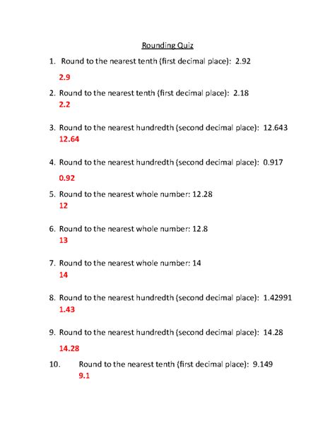 Rounding Practice Key Rounding Quiz Round To The Nearest Tenth First Decimal Place 2 Round