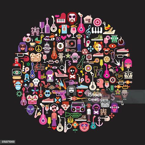 Vector Art Collage On Black向量圖形及更多鼓圖片 鼓 人的臉部 心型 Istock