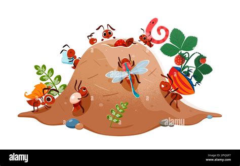 Cartoon Anthill Colony And Ants Characters Funny Insect Personages