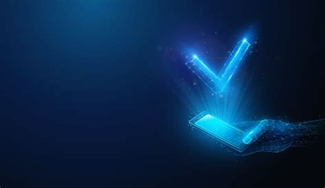 손에 든 스마트폰 위의 Low Poly 체크 표시 추상적 인 기하학적 그림은 파란색 배경에 와이어 프레임 메쉬로 개인 작업 및 시간 관리 개념을위한 모바일 할 일 목록 응용