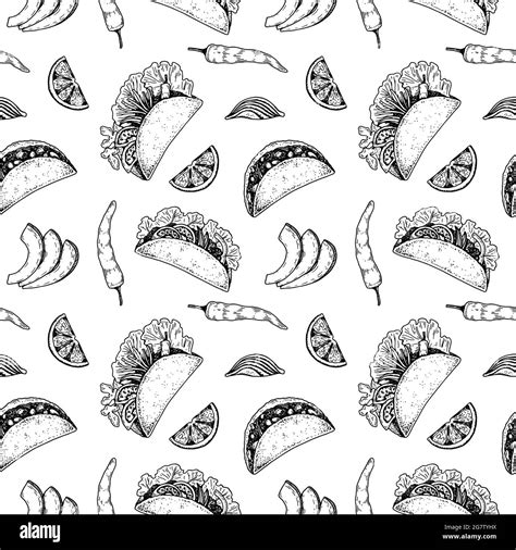 Comida mexicana sin costuras con tacos Ilustración vectorial en estilo