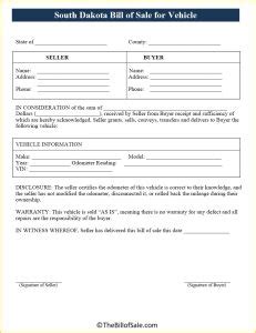 Vehicle South Dakota Bill Of Sale Free Bill Of Sale Template