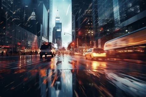 Blurred Background Of The Night City Busy Street Illuminated