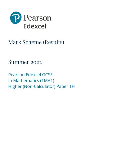 Mark Scheme Results Summer 2022 Pearson Edexcel Gcse In Mathematics 1ma1 Higher Non