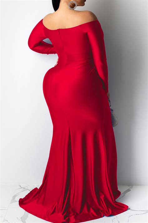 Green Sexy Plus Size Solid Backless Slit Off The Shoulder Long Sleeve Evening Dressplus Size