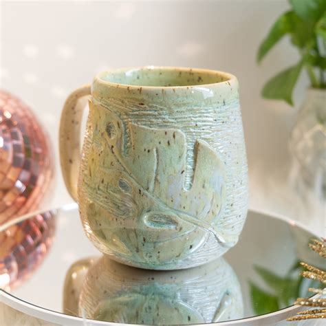Sculpted Monstera Mug With Mossy Texture Carved Botanical Pottery Etsy
