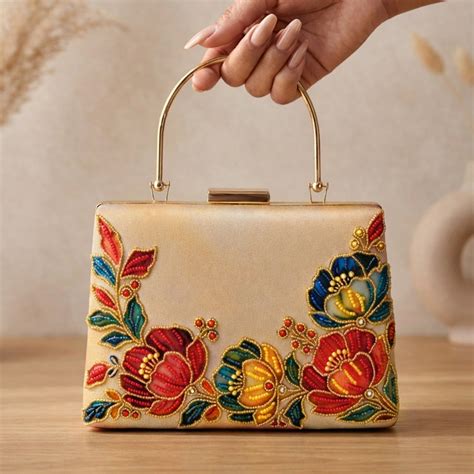 Artklim Printed Gold Floral Embellished Clutch With Hand Embroidery