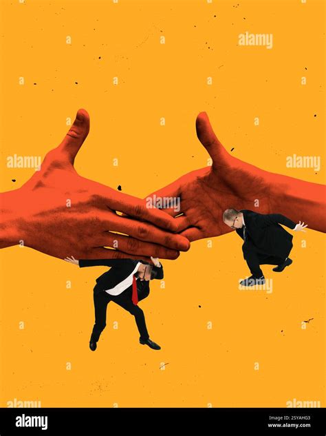 Giant Handshake With Tiny Businessmen Under Pressure Symbolizing Power