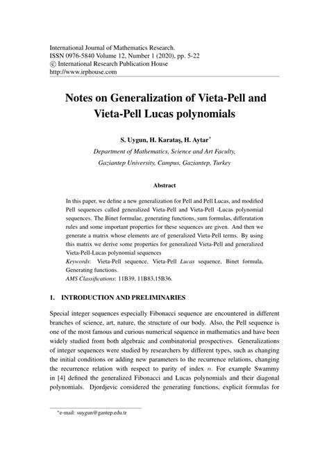 Pdf Notes On Generalization Of Vieta Pell And Vieta Pell Lucas Polynomials