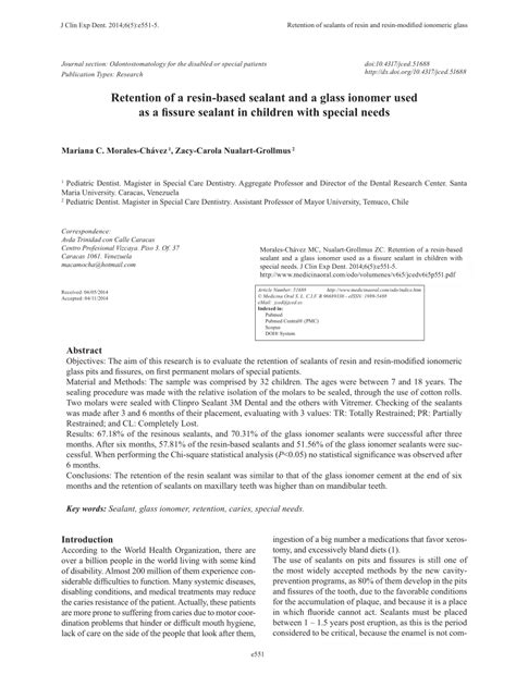 Pdf Retention Of A Resin Based Sealant And A Glass Ionomer Used As A Fissure Sealant In
