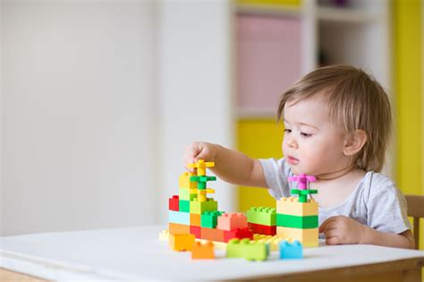 嬰兒在構造函數中播放小孩子用方塊建造一座城堡精細運動技能發展理念 照片檔及更多 幼兒 照片 幼兒 玩 一個人 Istock