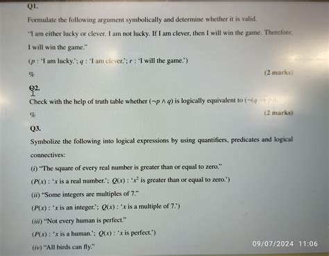 Solved Q1formulate The Following Argument Symbolically And