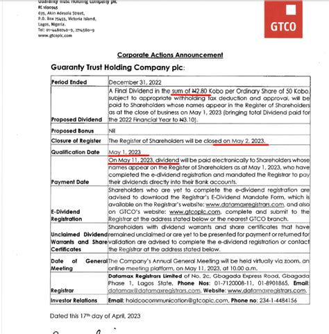 Gtco Plc Corporate Actions Announcement For 2022 Trw Stockbrokers Ltd