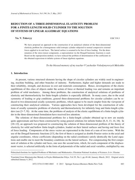 Pdf Reduction Of A Three Dimensional Elasticity Problem For A Finite