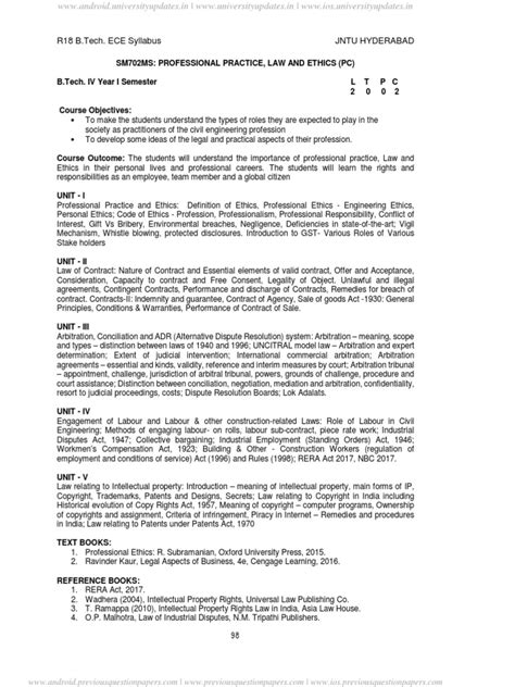 r18 b tech ece syllabus jntu hyderabad b tech iv year i semester l t
