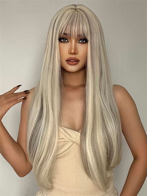 Peruca Sintética Longa Reta Natural Com Franja Long Hair Color Wigs
