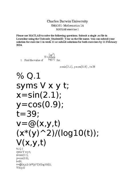 sma101 matlab exercise 1 charles darwin university sma101