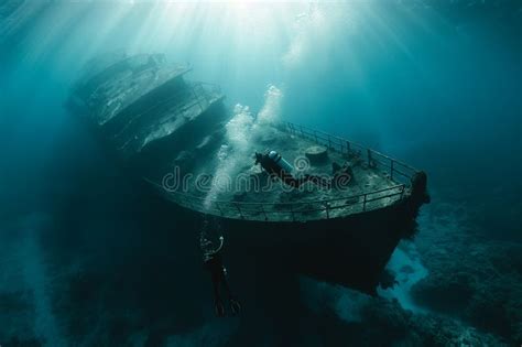 Scuba Divers Exploring Underwater Shipwreck Stock Illustration Illustration Of Hull Sandy