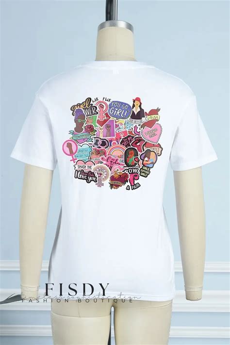 Fisdy Encantadoras Camisetas Blancas De Cuello Redondo Con Estampado