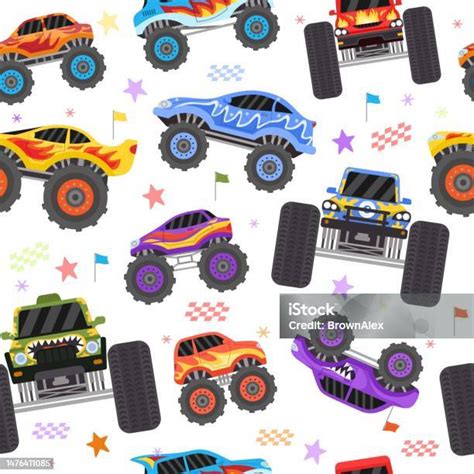 소년을위한 만화 몬스터 트럭과 원활한 패턴 큰 타이어와 극단적 인 경주 무거운 자동차 멋진 아이 벡터 프린트장난감 몬스터 트럭 차에 대한 스톡 벡터 아트 및 기타 이미지