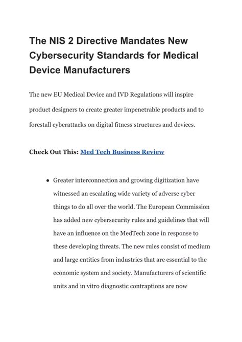 Ppt The Nis 2 Directive Mandates New Cybersecurity Standards For Medical Device Manufacturers