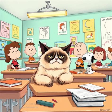 Free Ai Art Generator Grumpy Cat In Classroom Meatwad And Peanuts Gang Lesson
