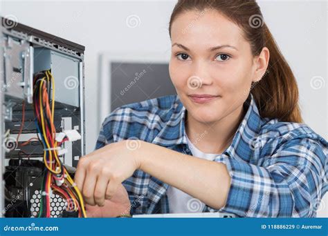 Young Woman Testing Computer Components Stock Image Image Of Service