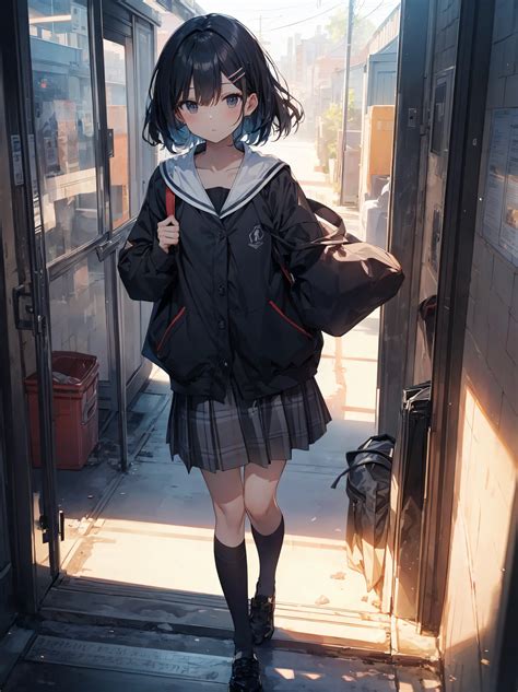 فتاة أنمي ترتدي زي مدرسي واقفة عند مدخل مبنى Seaart Ai