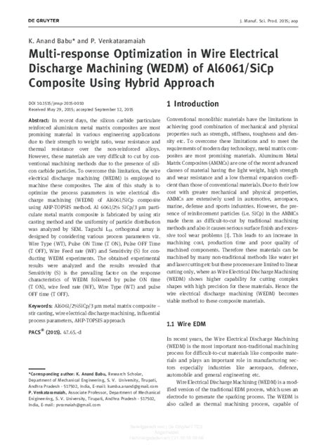 Pdf Multi Response Optimization In Wire Electrical Discharge