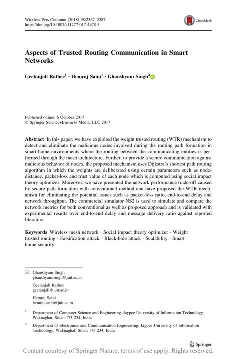 Aspects Of Trusted Routing Communication In Smart Networks Request PDF
