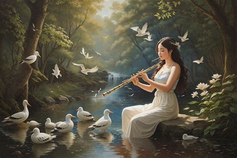 Premium Ai Image A Painting Of A Woman Playing A Flute In River