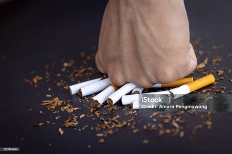 검은 배경에 담배를 파괴 하는 남성 손stop 흡연 개념 세계 는 담배의 날 개념과 주제에 대한 스톡 사진 및 기타 이미지