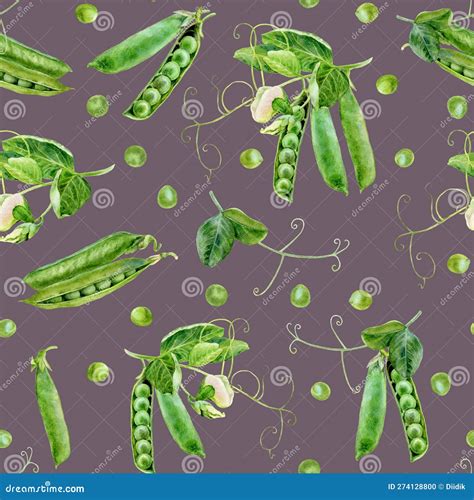 Watercolor Seamless Pattern With Fresh Green Pees Background Closeup