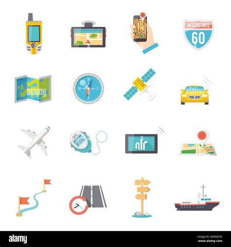 Navigation Direction And Position Finder Systems Flat Icons Collection With Road Map Flags