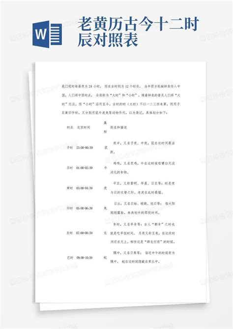 老黄历古今十二时辰对照表Word模板下载 编号qejbomaw 熊猫办公