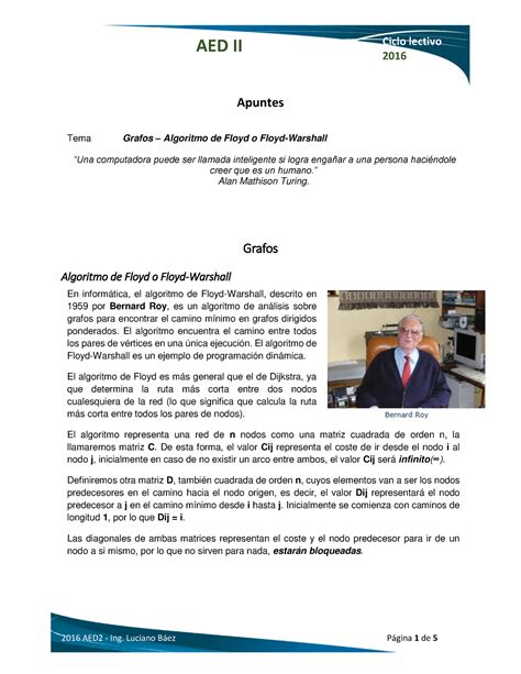 Aed2 U1 Apuntes Luciano Floyd O Floyd Warshall 2016 Apuntes Tema Grafos Algoritmo De Floyd O